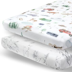 pobibaby - 2 pack premium pack n play sheets fitted for standard pack and plays and mini cribs - ultra-soft cotton blend, stylish woodland pattern, safe and snug for baby (explore)