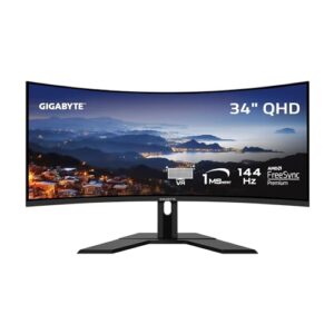 gigabyte g34wqc a 34" 144hz ultra-wide curved gaming monitor, 3440 x 1440 va 1500r , 1ms (mprt) response time, 90% dci-p3, vesa display hdr400, freesync premium, black (g34wqc a-sa)