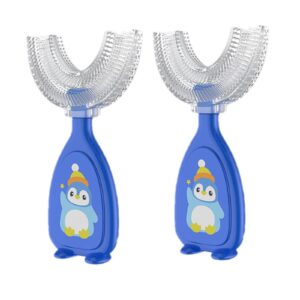 2pcs kids u- shaped toothbrush food grade soft silicone brush head manual u-type toothbrush 360° teeth cleaning brush oral training toothbrush for kids ages 2-6 (blue, penguin)