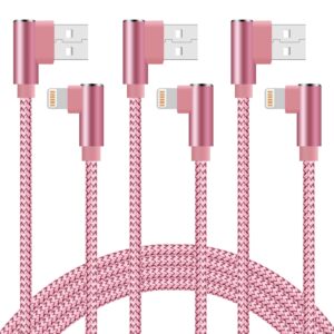 finekeep iphone charger cord 3 ft, mfi certified iphone charger cable short lightning cable 90 degree fast data cable nylon charging & syncing cord for ipad/iphone13/12/11/xr/xs/max/x(pink), 3ft