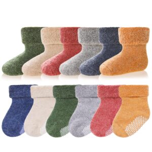 amenlan baby wool floor socks soft winter warm thick non slip toddler boys girls crew neck socks 6 pairs (solid color b, 0-12 months)