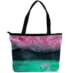 women's large size canvas shoulder bag hobo crossbody handbag casual tote, oil painting pink cloud flamingo