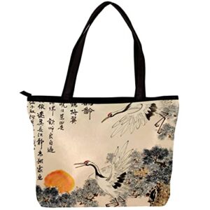 women's large size canvas shoulder bag hobo crossbody handbag casual tote, chinese painting pine crane vintage