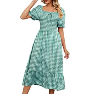 new pleated wrap lace up short sleeve square collar long plaid dress green