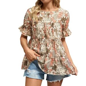 women's fashion casual summer v neck prints stitching short sleeve loose t shirt top khaki