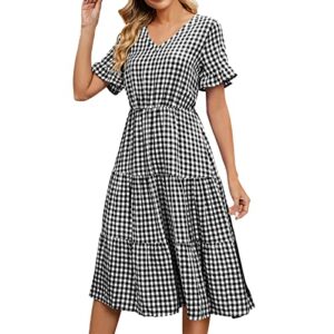 new pleated wrap lace up short sleeve square collar long plaid dress black