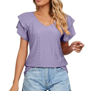 spring and summer new short sleeve v neck shrink pleated solid color loose tee shirt top purple