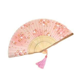 decorative folding fans silk handheld floral folding fans hand held fans pink floral folded fan with tassel for dance decoration wedding party gift gift hand fan vintage style (color : pink a)