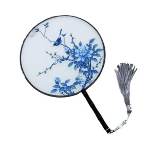 decorative folding fans handheld fans chinese style classical embroidery silk round palace fan female long handle ancient dance fan for wall decoration elegant hand fans vintage style (color : grey)