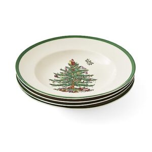 spode christmas tree 9" soup plate (set of 4) - stoneware soup bowls with festive tree design & green rim, ideal for serving soup, pasta, salad - microwave & dishwasher safe holiday dinnerware