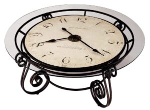 howard miller ravenna clocktail table clock 615-010 – burnished umber finish, metal frame, antique medallion accent & gold highlights, antique home decor, quartz movement