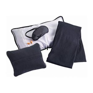 lewis n. clark ultimate comfort set + portable travel kit for airplane, includes inflatable pillow + zippered carrying case, cozy fleece blanket, eye mask for sleeping & foam ear plugs, black