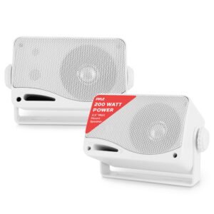 pyle 3-way weatherproof outdoor speaker set - 3.5 inch 200w pair of marine grade mount speakers - in a heavy duty abs enclosure grill - home, boat, poolside, patio, indoor outdoor use -plmr24 (white)