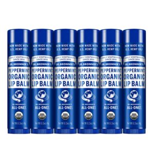 dr. bronner's - organic lip balm (peppermint, 0.15 ounce, 6-pack) - made with organic beeswax and avocado oil, for dry lips, hands, chin or cheeks, jojoba oil for added moisture, cooling and hydrating