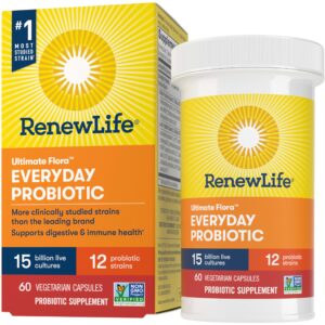 renew life everyday probiotic capsules, daily supplement supports urinary, digestive and immune health, l. rhamnosus gg, dairy, soy and gluten-free, 15 billion cfu, 60 count