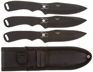 bladesusa perfect point throwing knives – set of 3 – black stainless steel blades and handles w/ spider design, nylon sheath, full tang construction, well balanced, throwing sport knives – rc-1793b