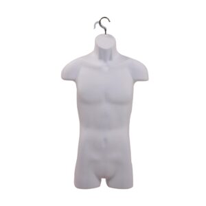 sswbasics male molded shatterproof white shapely torso form with hook - fits men's sizes