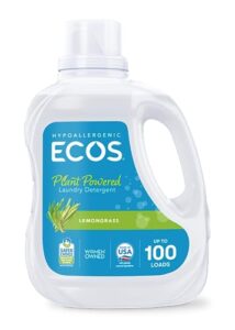 ecos laundry detergent liquid, 100 loads - dermatologist tested laundry soap - hypoallergenic, epa safer choice certified, plant-powered - lemongrass, 100 fl oz