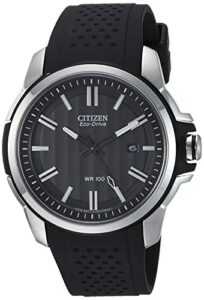 citizen men's eco-drive weekender watch in stainless steel with black polyurethane strap, black dial, 44mm (model: aw1150-07e)