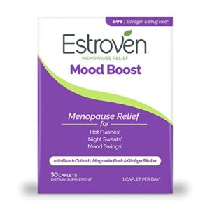 estroven mood boost for menopause relief - 30 ct. - clinically proven ingredients that help manage mood swings, night sweats & hot flash relief - drug-free and gluten-free