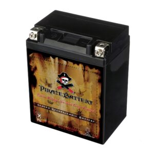 pirate battery yb14a-a2 conventional replacement battery for atv, motorcycle, personal watercraft, and snowmobile: 12 volts, 1.4 amps, 14ah, nut and bolt (t3) terminal