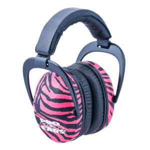 pro ears ultra sleek passive hearing protection ear muffs, superior comfort for long gun use, indoor and outdoor range, nrr 26, made in usa, adjustable and padded, pink zebra