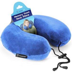 travelrest - travel & neck pillow, therapeutic memory foam, washable micro-fiber cover, soft and comfortable - head support for long flights, compact and ergonommic design, attaches to luggage - blue