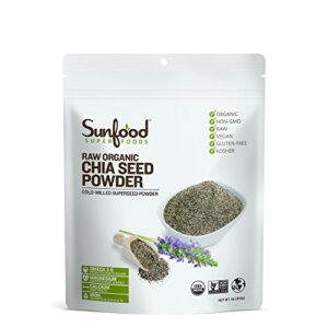 sunfood superfoods organic chia seed powder | 1 lb. bag, 30 servings | traditional growth techniques | no preservatives, additives | non-gmo, vegan, gluten-free