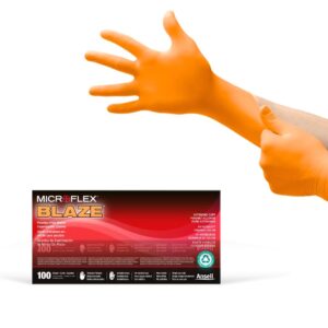 ansell microflex blaze n48 7mil disposable nitrile gloves w/extended cuff for automotive, oil, mining - xx-large, orange (box of 100)