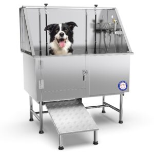 flying pig 50" stainless steel pet dog grooming bath tub with walk-in ramp & accessories (left door/right drain)