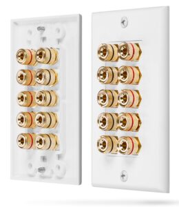 fosmon [five speaker] home theater wall plate - premium quality gold plated copper banana binding post coupler type audio wall plate for 5 speakers (white)