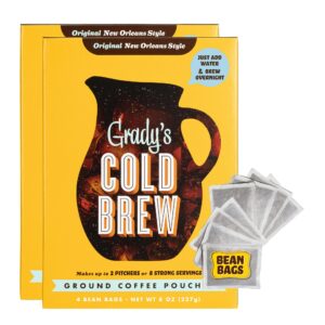 grady’s cold brew coffee pouches | new orleans style | 100% arabica ground coffee & chicory | two boxes of four easy-to-brew bean bags | makes 24 drinks