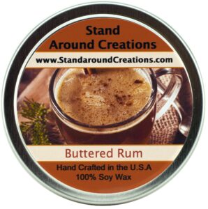 premium 100% all natural soy wax aromatherapy candle - 8oz tin buttered rum: our buttered rum smells just like the real thing - dark rum, butter, sugar and cloves.