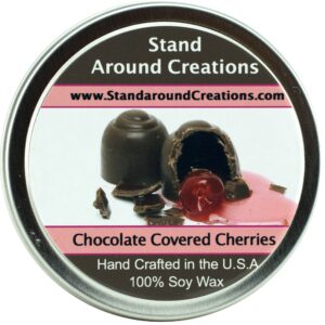 premium 100% all natural soy wax aromatherapy candle - 8oz tin - chocolate covered cherries: sweet maraschino cherries smothered in milk chocolate, with a dry down of french vanilla.