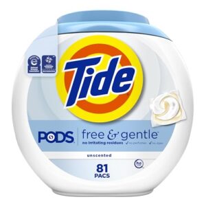 tide pods free & gentle laundry detergent soap pacs, 81 count, tide pods laundry detergent