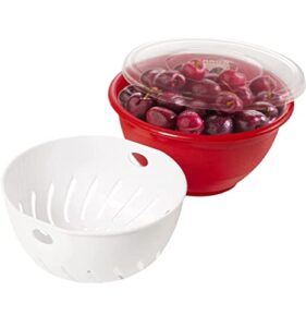 arrow home products berry bowl & berry colander set - fruit strainer container with lid, rinse store & serve - made in usa, dishwasher safe, bpa free, 1 quart, assorted colors (either red or green)