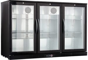 3-door glass front back bar beverage cooler; 54" wide, counter height refrigerator (black)