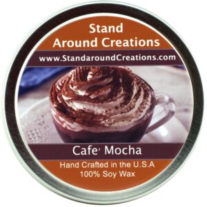 premium 100% all natural soy wax aromatherapy candle - 8oz. tin: cafe mocha: fresh brewed coffee, chocolate syrup, creamy vanilla, and marshmallows.