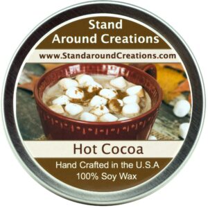 premium 100% all natural soy wax aromatherapy candle - 8oz. tin: hot cocoa - warm hot chocolate with melted marshmallow topping. naturally strong, highly scented.