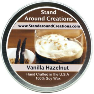 premium 100% all natural soy wax aromatherapy candle - 8oz. tin: scent - vanilla hazelnut. a mouthwatering blend of toasted hazelnuts and creamy vanilla. naturally strong, highly scented.