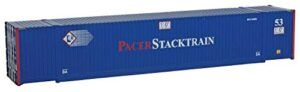 walthers scenemaster ho scale model of pacer stacktrain (blue, white, red) 53' singamas corrugated side container,949-8507