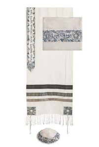 yair emanuel tallit prayer shawl gadol + bag + kippah + atara set embroidered raw silk magen david gray (bundle)