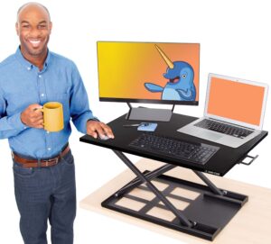 stand steady x-elite pro, ergonomic adjustable height standing desk converter for home or office, easy lift sit to stand laptop desk riser for laptop and computer monitor (black, 28in x 20in)