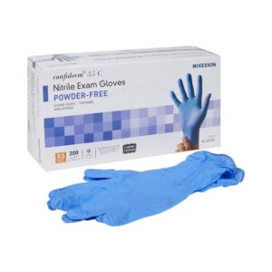 mckesson confiderm 3.5c nitrile exam gloves - powder-free, latex-free, ambidextrous, textured fingertips, chemo tested, non-sterile - blue, size xs, 200 count, 10 boxes, 2000 total