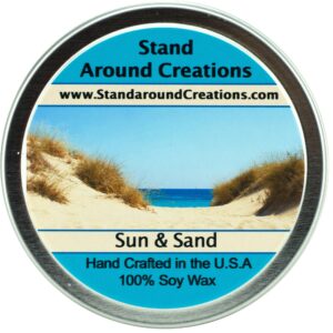 premium 100% all natural soy aromatherapy candle - 8 oz tin- sun & sand - a blend of florals and citrus, combining white flowers, bergamot, orange blossoms, ylang ylang, and a light musk