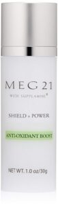 meg 21 anti-oxidant boost shield + power. sun damage reversing repair serum protects skin from inflammation, free radicals, oxidative stress, and environment soothes and protects allergy tested 1 oz