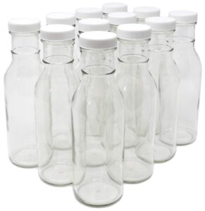 nicebottles clear glass beverage/sauce bottles, 12 oz, white caps - case of 12