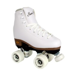 sure-grip white fame roller skates for women - made of nylon & aluminum - 57mm polyurethane indoor wheels for skating - super x trucks extended support for larger sizes - suitable for beginners