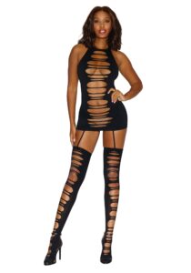 dreamgirl women's standard sexy fashion lingerie, seamless dancer dress with slash detail attached garters, black, one size