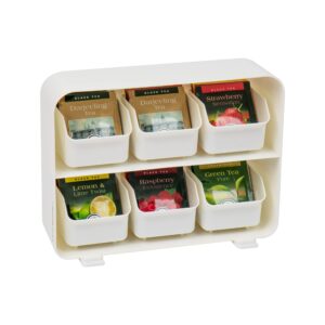 mind reader tea bag organizer, tea station organizer, countertop storage, kitchen, plastic, 10.25"l x 3.25"w x 7.75"h, white